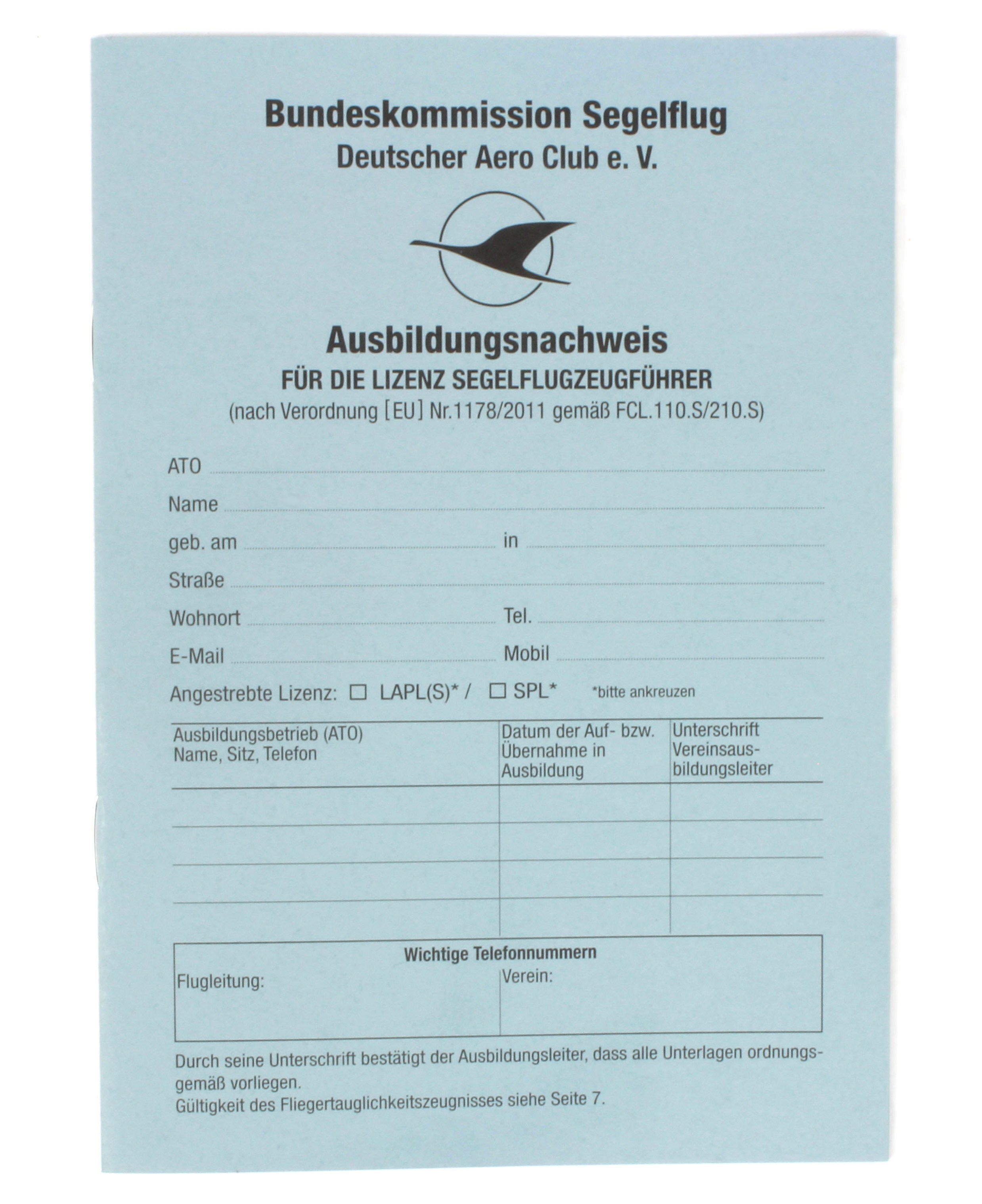Ausbildungsnachweis für Segelflugzeugführer | DAeC-Produkte | Karten ...